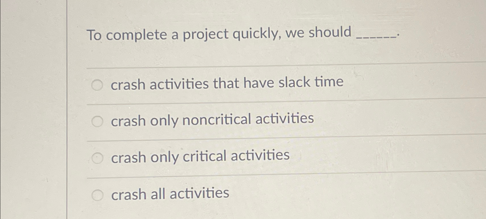Solved To complete a project quickly, we shouldcrash | Chegg.com
