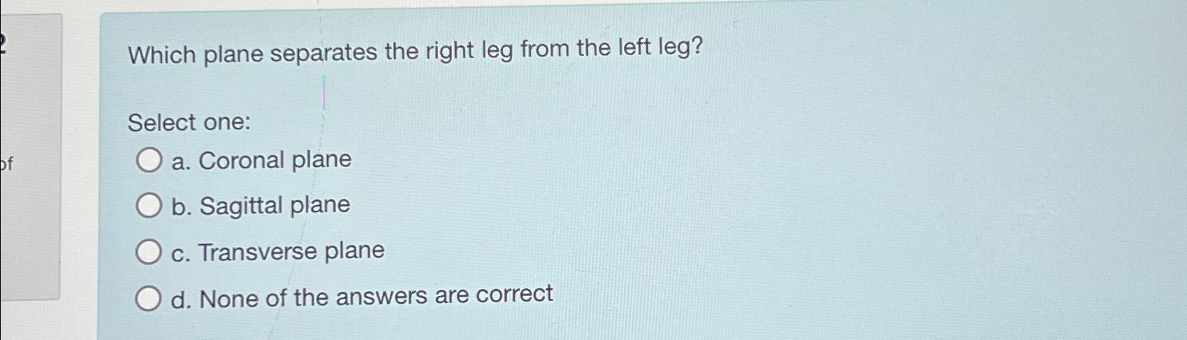 Solved Which plane separates the right leg from the left | Chegg.com