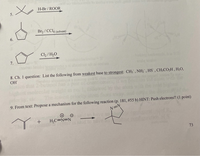 Solved H-Br/ROOR 5. Bry/ CCl4 (solvent) 6. Cl/H20 7. 8. Ch. | Chegg.com