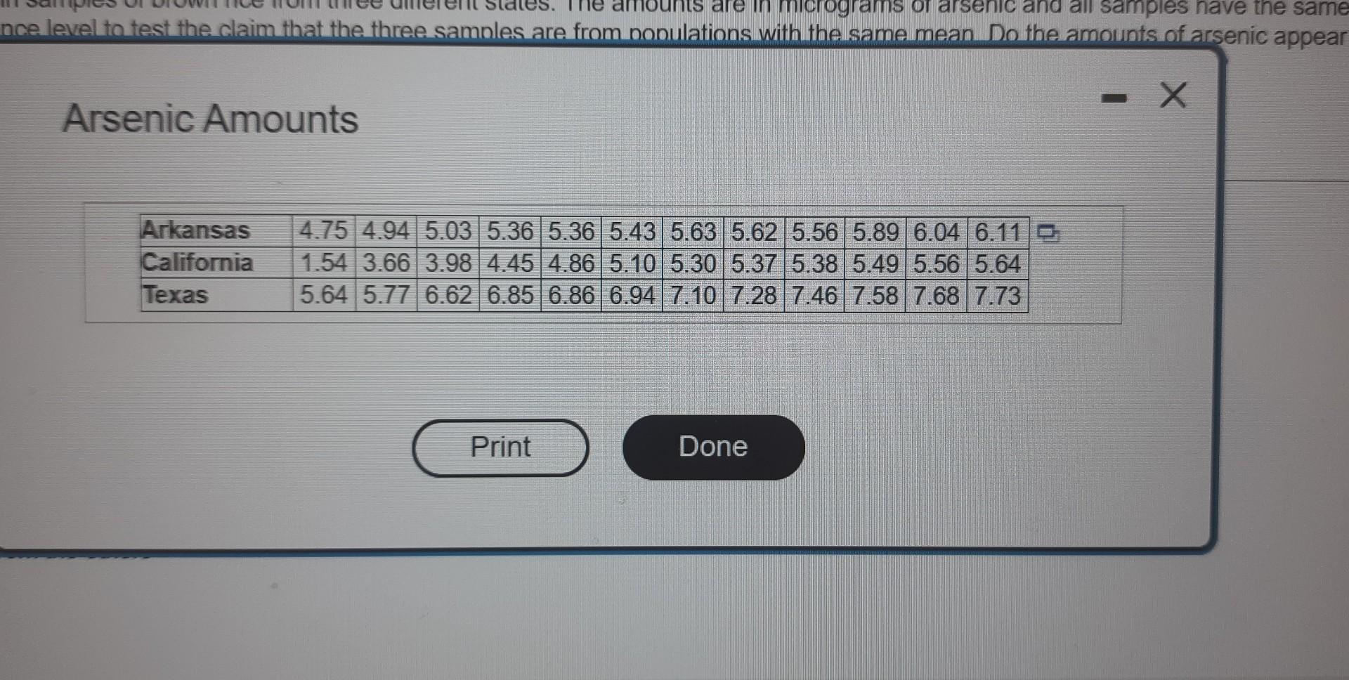Solved The accompanying table gives amounts of arsenic in | Chegg.com