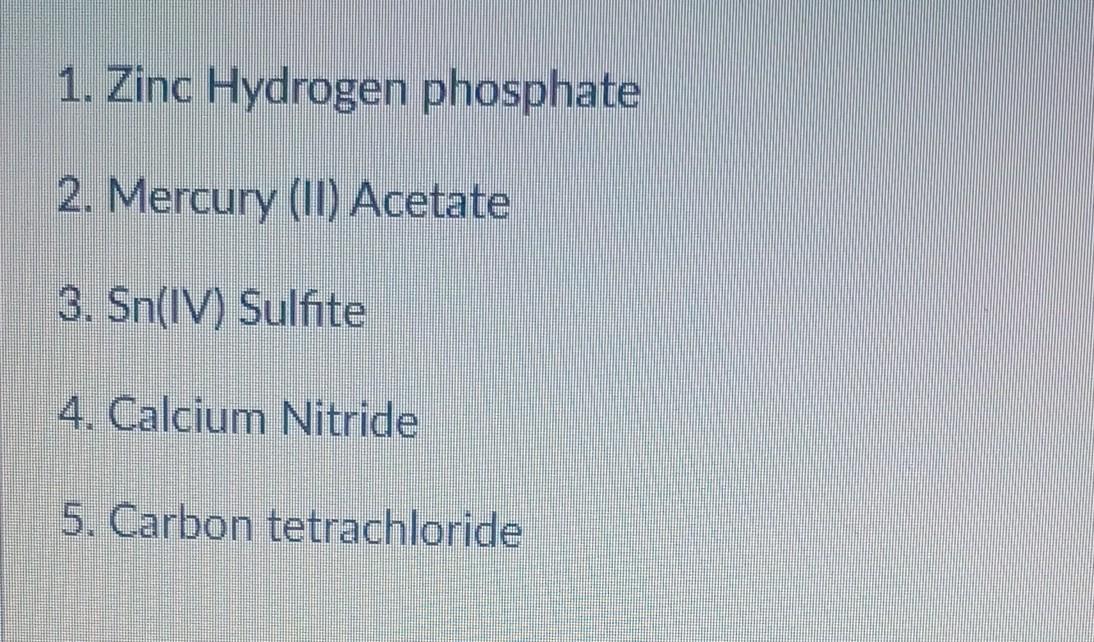 Solved 1. Zinc Hydrogen phosphate 2. Mercury (II) Acetate 3. | Chegg.com