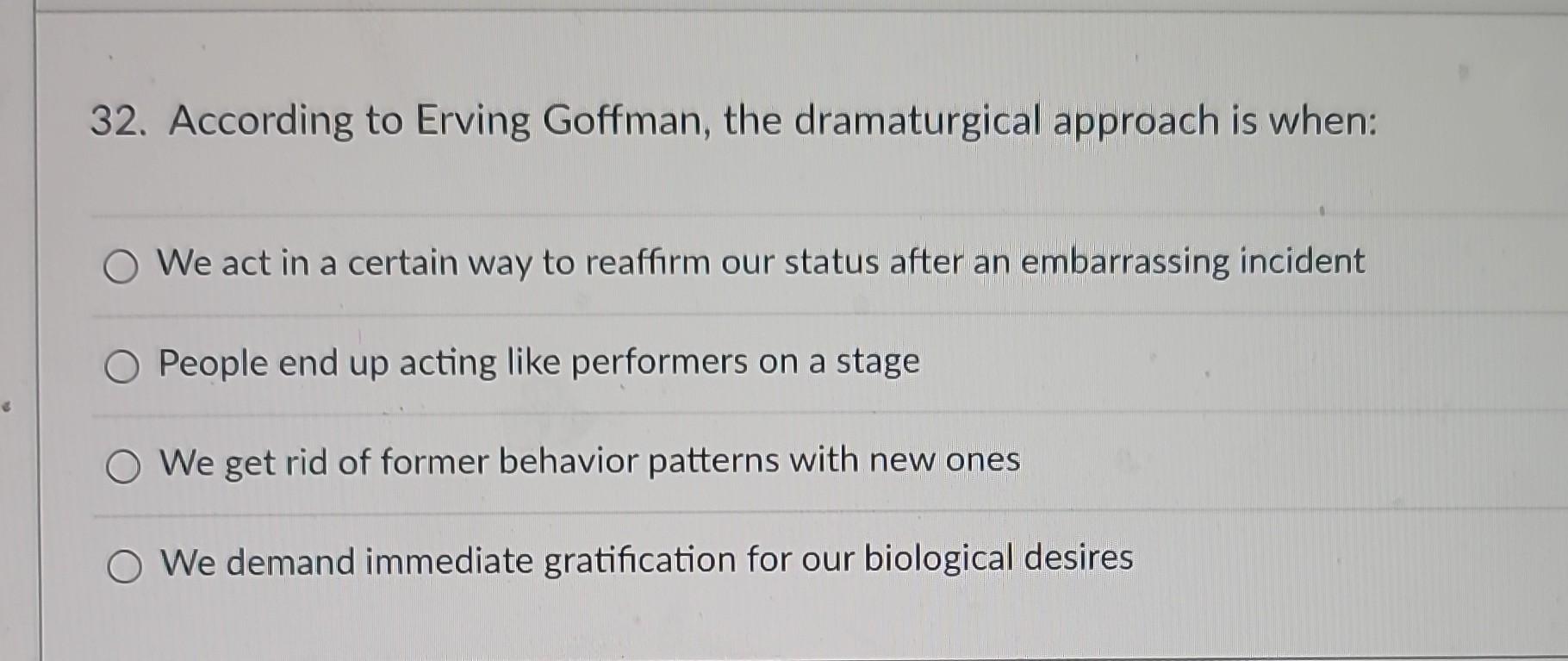 32. According to Erving Goffman, the dramaturgical | Chegg.com