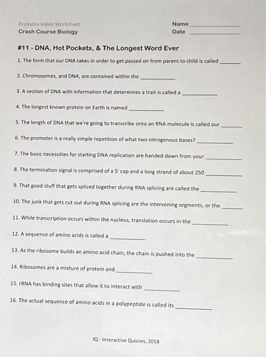 Solved Printable Videa Workstieet Name Crash Course Blology | Chegg.com