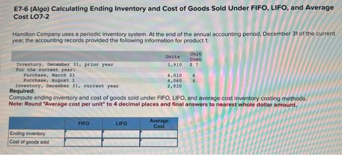 Solved E7-6 (Algo) Calculating Ending Inventory and Cost of | Chegg.com