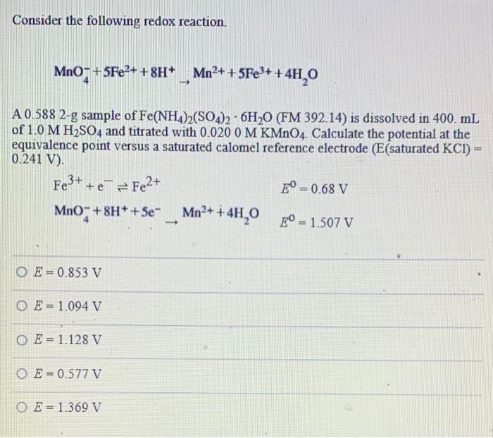 Solved Consider the following redox reaction. MnO7+5Fe²+ | Chegg.com