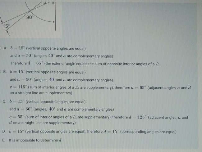 Solved A. b=15° (vertical opposite angles are equal)and | Chegg.com