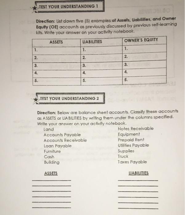 Solved TEST YOUR UNDERSTANDING 1 Direction List Down Five Chegg