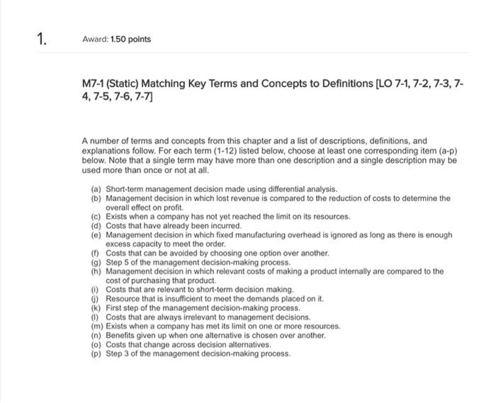 Solved 1. Award: 1.50 points M7-1 (Static) Matching Key | Chegg.com