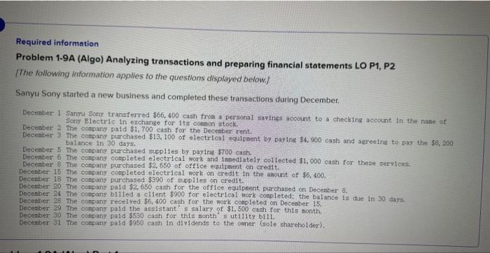 Solved Required information Problem 1-9A (Algo) Analyzing | Chegg.com