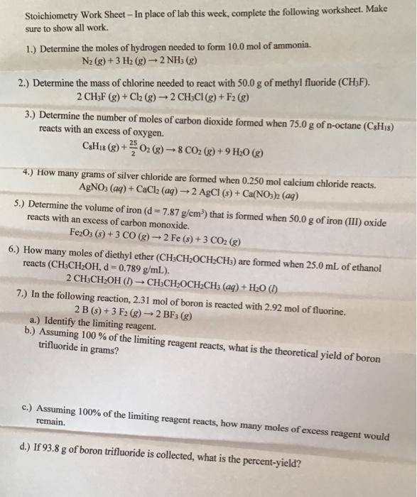 Solved Stoichiometry Work Sheet - In place of lab this week, | Chegg.com