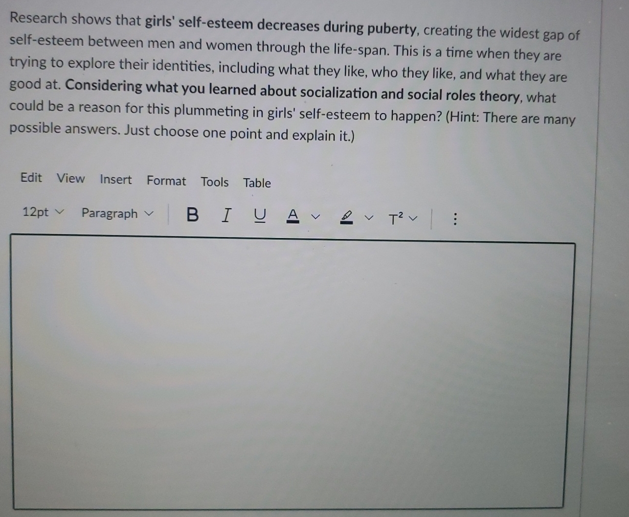 Solved Research shows that girls' self-esteem decreases | Chegg.com