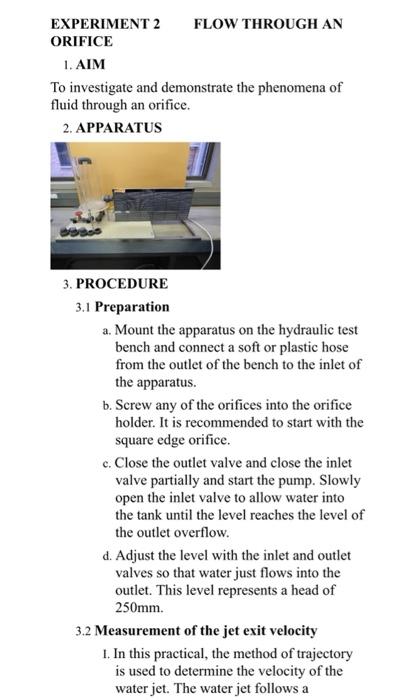 Solved EXPERIMENT 2 FLOW THROUGH AN ORIFICE 1. AIM To | Chegg.com