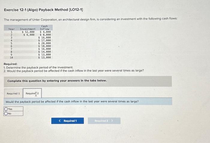 Solved Exercise 12-1 (Algo) Payback Method [LO12-1] The | Chegg.com