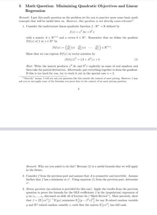 5 Math Question: Minimizing Quadratic Objectives and | Chegg.com