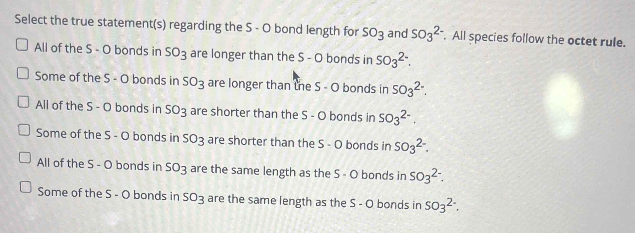 Solved Select the true statement(s) ﻿regarding the S-O ﻿bond | Chegg.com