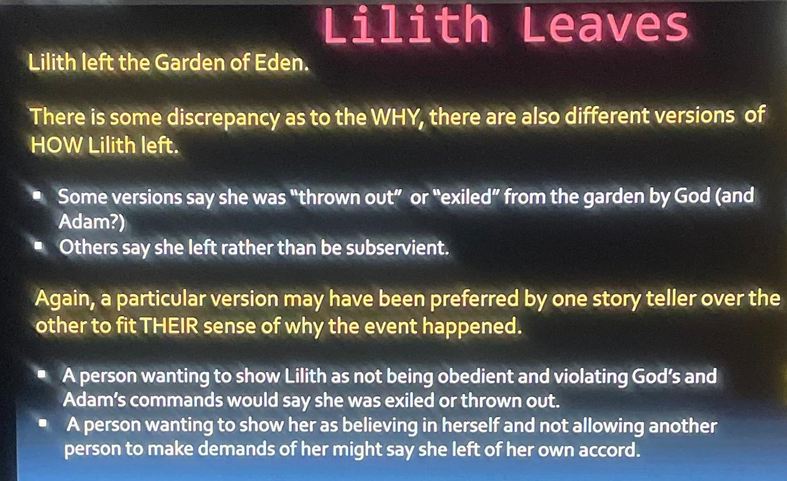 Solved Lilith left the Garden of Eden.There is some | Chegg.com