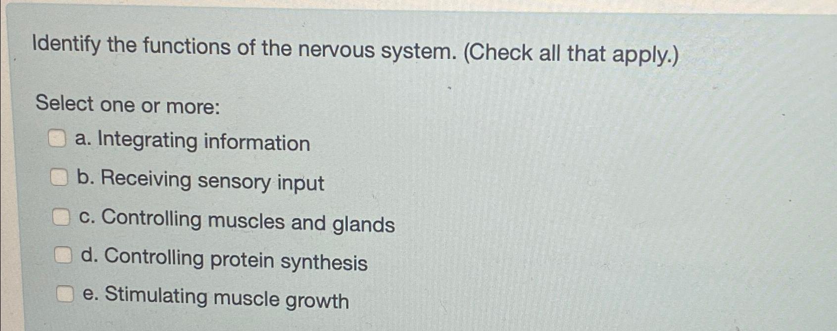 Solved Identify the functions of the nervous system. (Check | Chegg.com