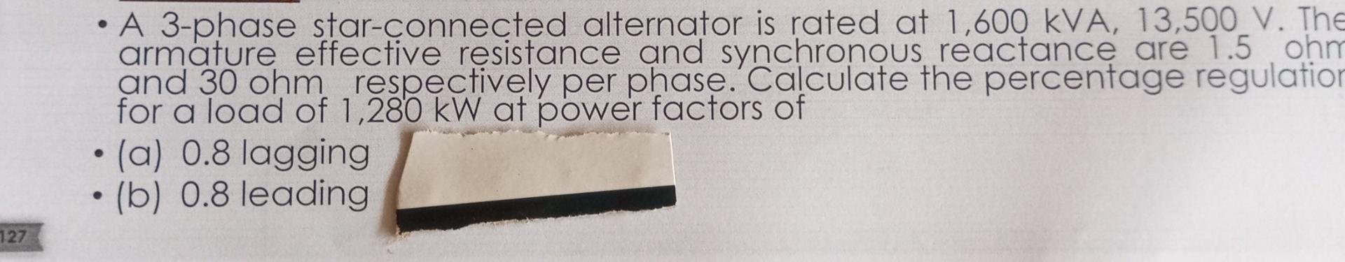 Solved - A 3-phase star-connected alternator is rated at | Chegg.com