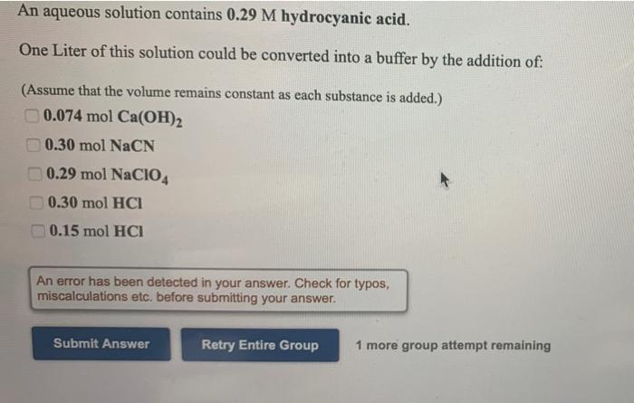 Solved An aqueous solution contains 0.29 M hydrocyanic acid. | Chegg.com