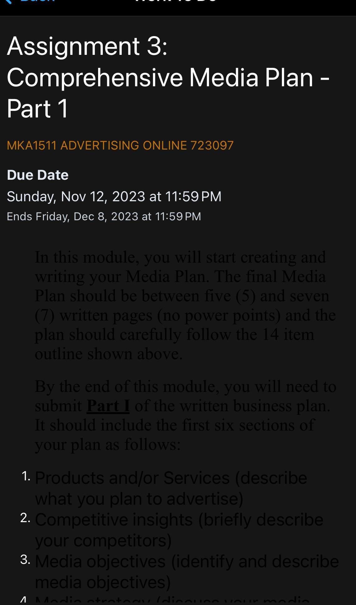 Assignment 3:Comprehensive Media Plan Part 1MKA1511 | Chegg.com