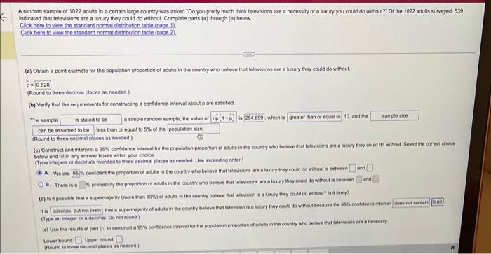Solved trandom sample of 1022 adults in a certain large | Chegg.com