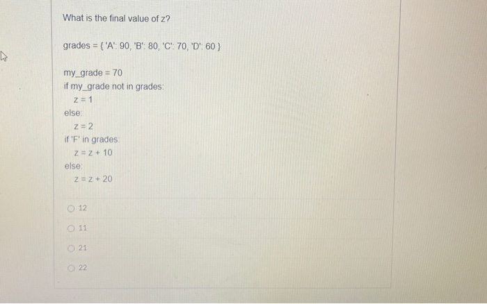 Solved What is the final value of z? grades = ('A': 90, 'B': | Chegg.com