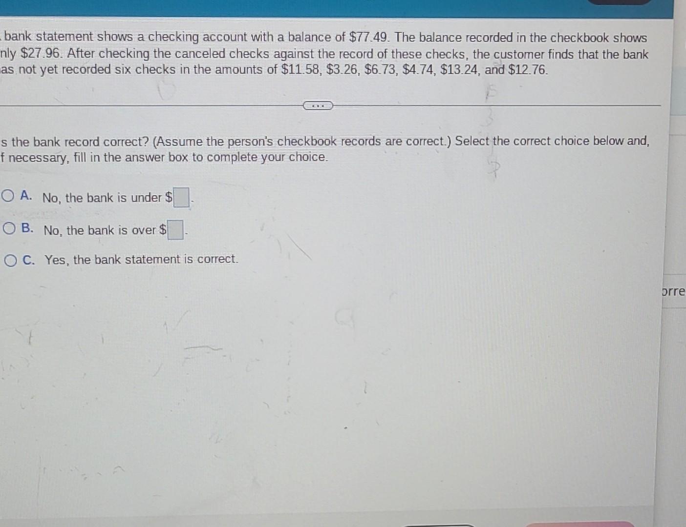 Solved bank statement shows a checking account with a | Chegg.com