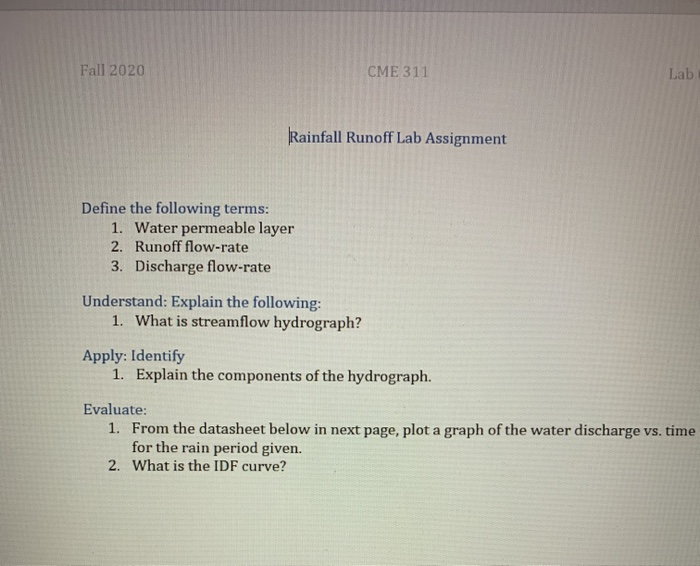 Solved Fall 2020 CME 311 Lab Rainfall Runoff Lab Assignment | Chegg.com