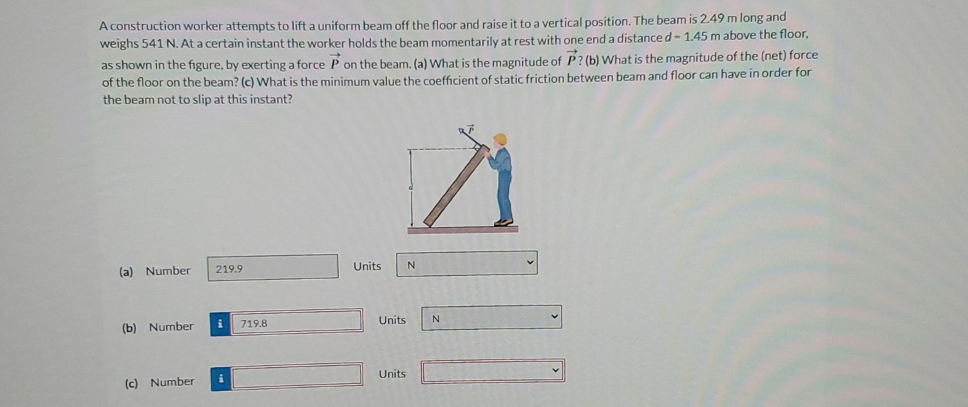 Solved A construction worker attempts to lift a uniform beam | Chegg.com