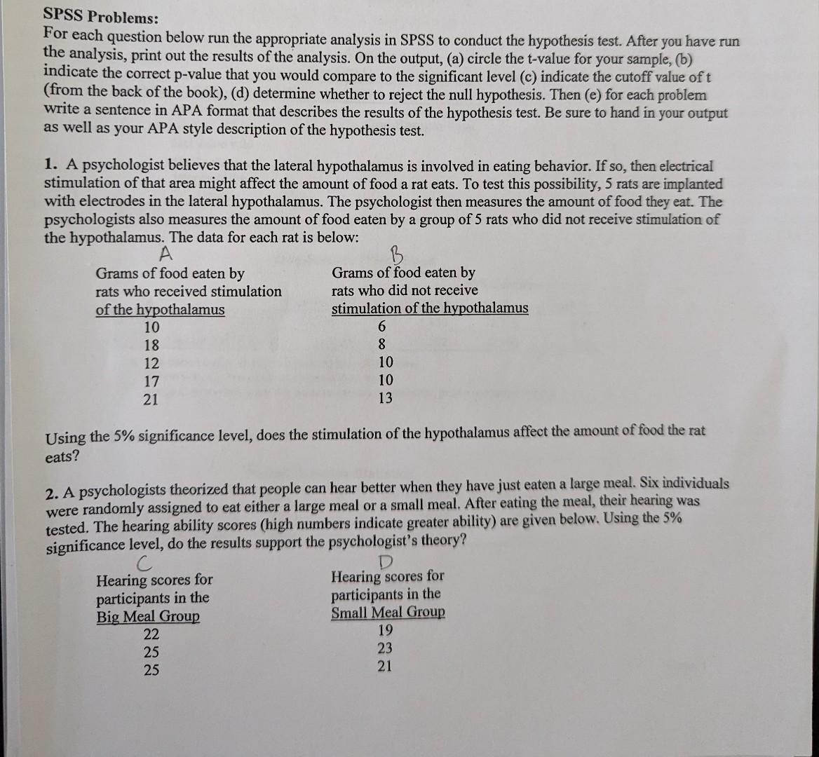 SPSS Problems: For each question below run the | Chegg.com