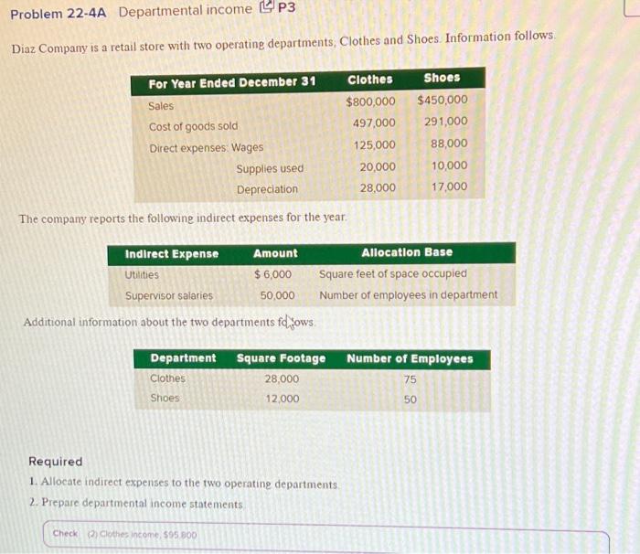 Solved Problem 22-4A Departmental income P3 Diaz Company is | Chegg.com