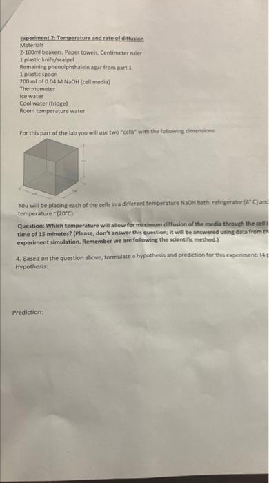 Experiment 1-Cell Size and Diffusion • The question | Chegg.com