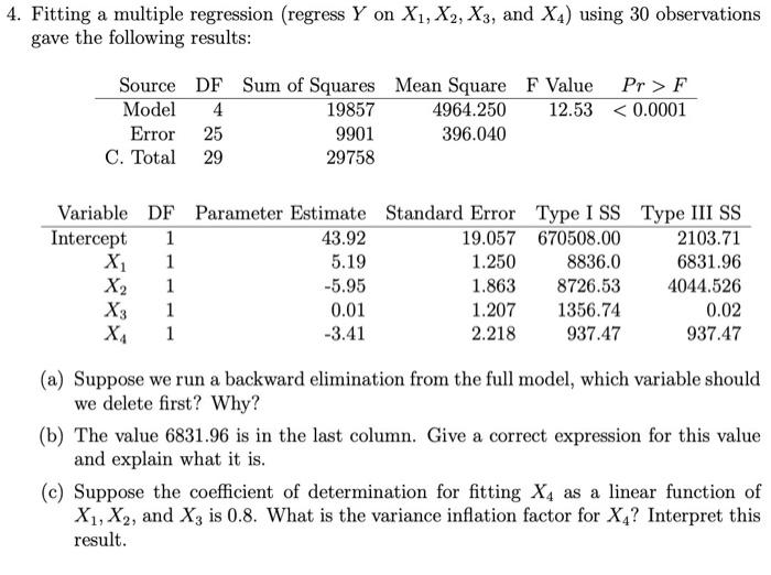 4. Fitting a multiple regression (regress Y on X₁, | Chegg.com