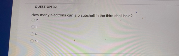 Solved QUESTION 32 How many electrons can a p subshell in | Chegg.com