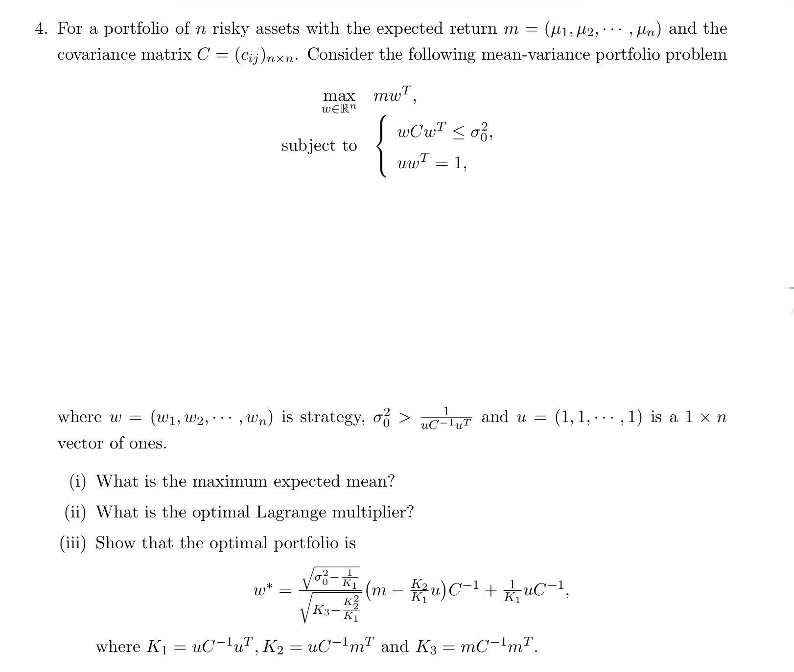 Solved where w=(w1,w2,cdots,wn) ﻿is strategy, σ02>1uC-1uT | Chegg.com