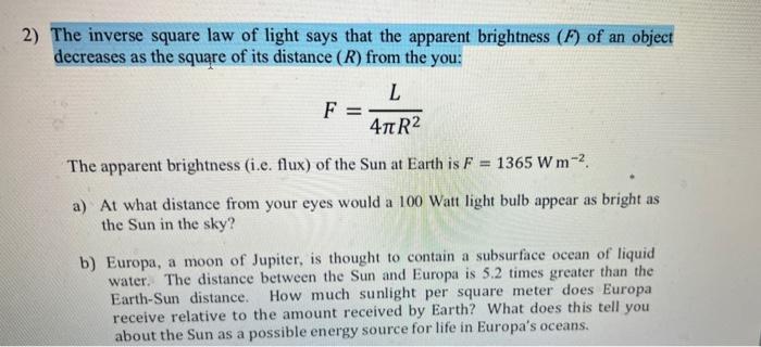 Solved The inverse square law of light says that the | Chegg.com