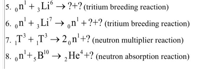 Solved 5. 0n1+3Li6→?+? (tritium breeding reaction) 6. | Chegg.com
