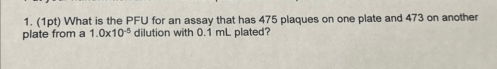 Solved (1pt) ﻿What is the PFU for an assay that has 475 | Chegg.com