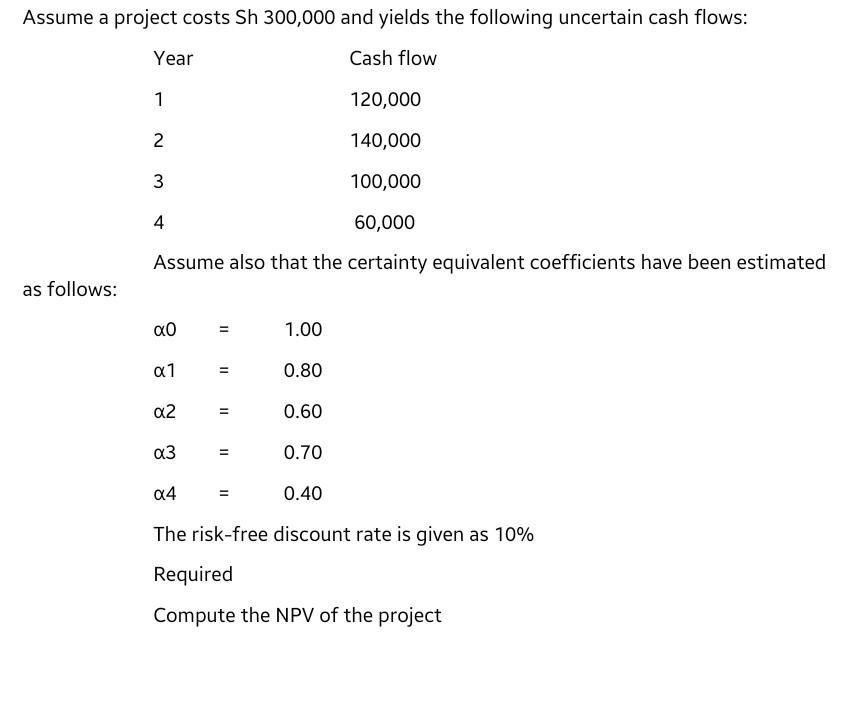 Solved Assume a project costs Sh 300,000 and yields the | Chegg.com