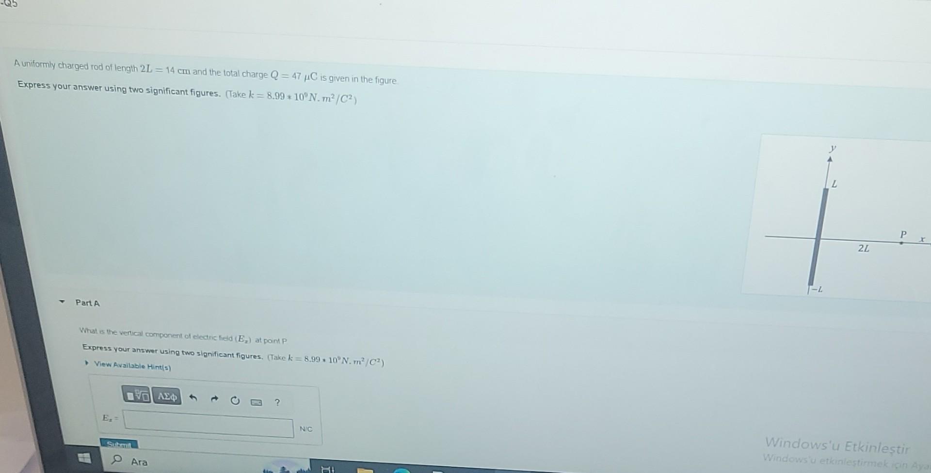 A uniformly charged rod of length 2 L=14 cm and the | Chegg.com