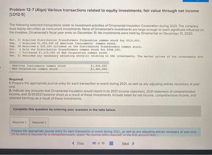 Solved Problem 12-7 (Algo) Various transactions related to | Chegg.com
