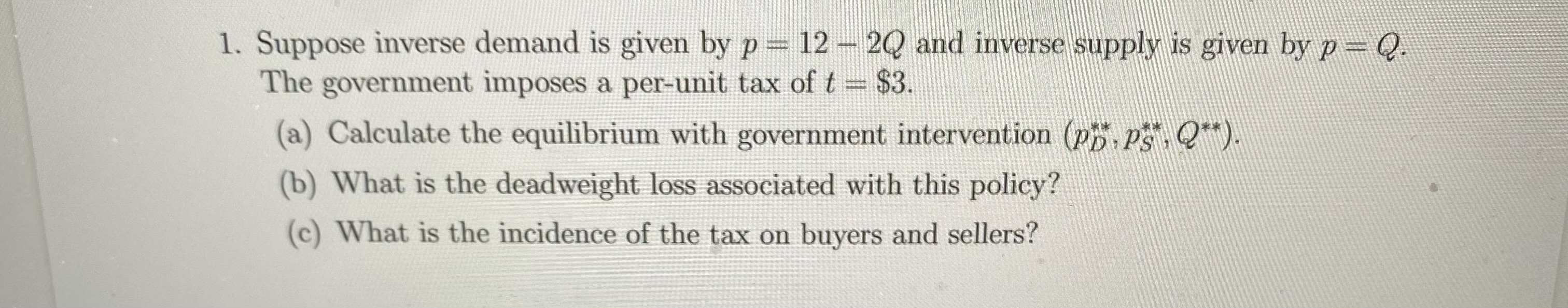 Solved Suppose inverse demand is given by p=12-2Q ﻿and | Chegg.com