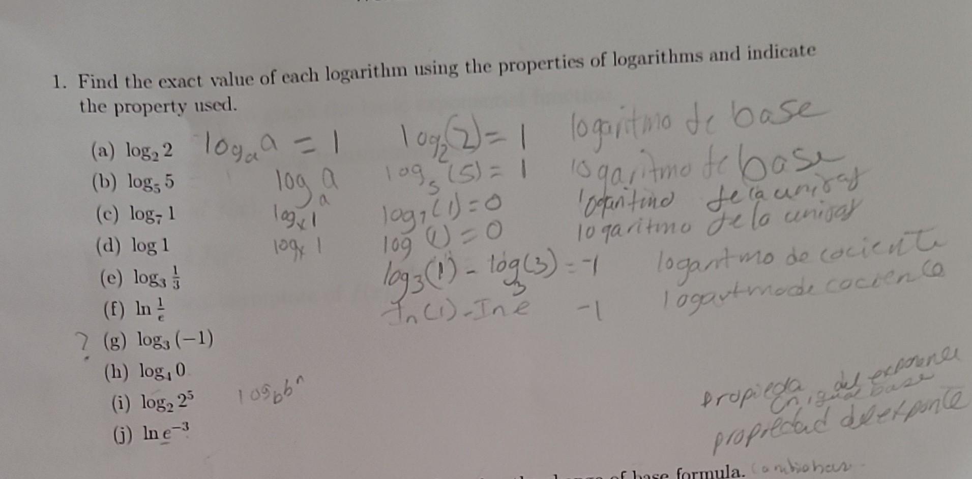 Solved 1. Find the exact value of each logarithm using the | Chegg.com
