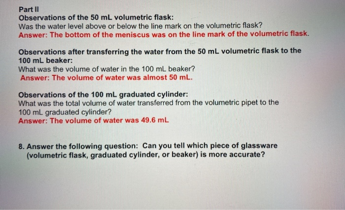 Solved Part II Observations of the 50 mL volumetric flask: | Chegg.com