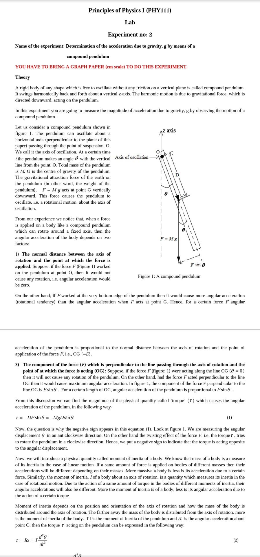 Principles of Physics I (PHY111) Lab Experiment no: 2 | Chegg.com