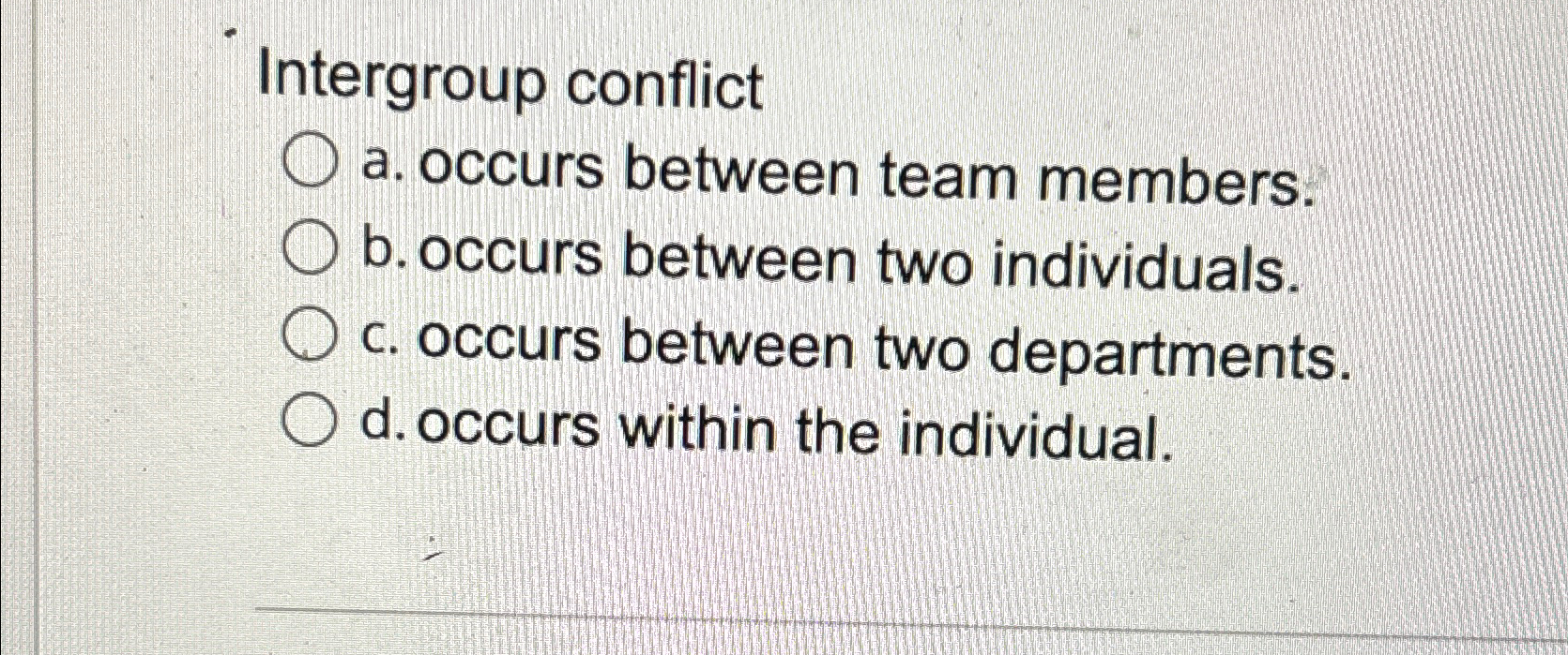 Solved Intergroup conflicta. ﻿occurs between team members.b. | Chegg.com