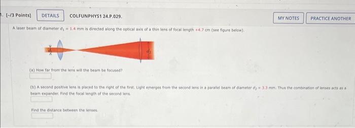 Solved iser beam of diameter d1=1.4 mm is directed along the | Chegg.com