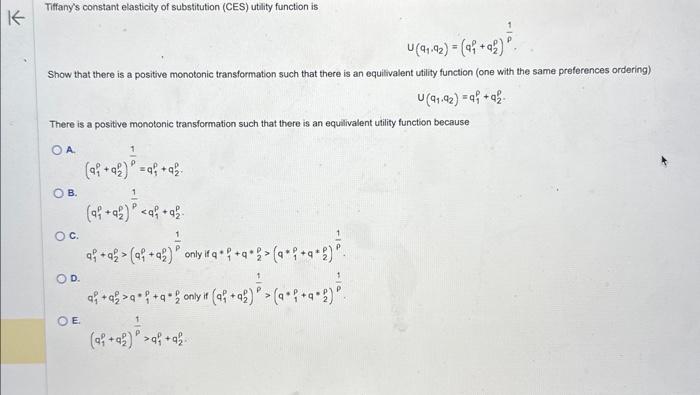 Solved Tiffany's constant elasticity of substitution (CES) | Chegg.com