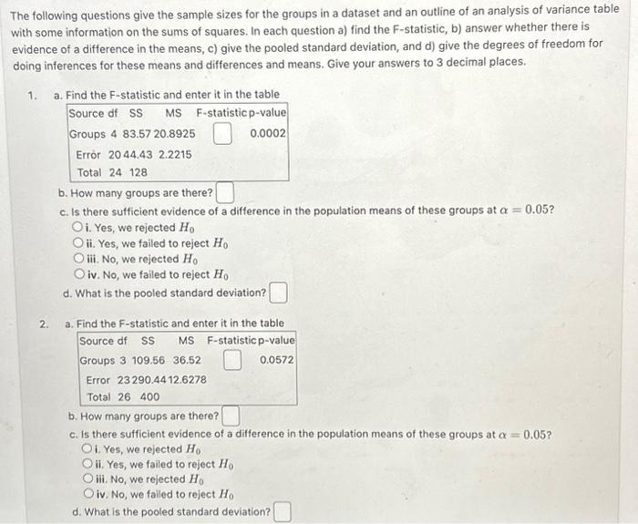 Solved The following questions give the sample sizes for the | Chegg.com