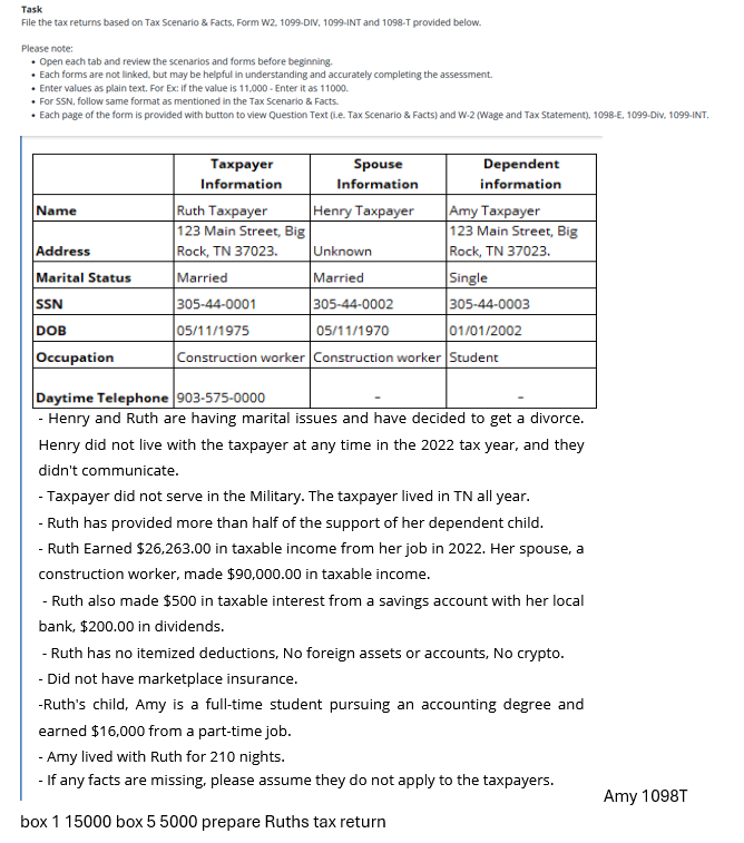Solved TaskFile the tax returns based on Tax Scenario & | Chegg.com